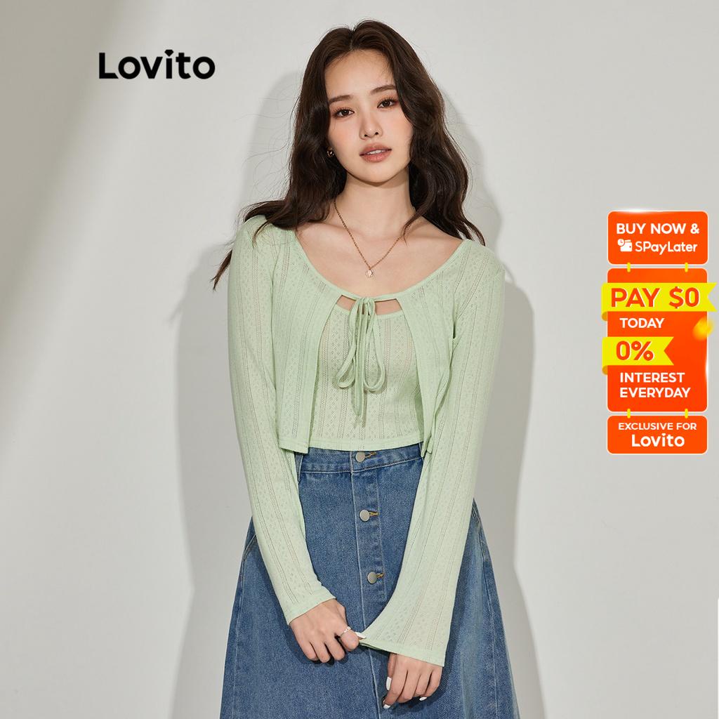 Lovito Casual Plain Bow Long Sleeve Round Neck Top Set for Women ...