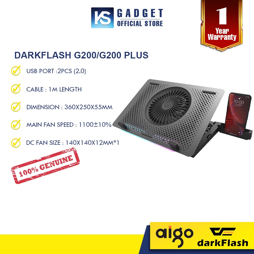AIGO DARKFLASH G200 / G200 PLUS RGB LAPTOP COOLER | SUPERB COOLING 1 x 160MM FAN | WITH PHONE ...