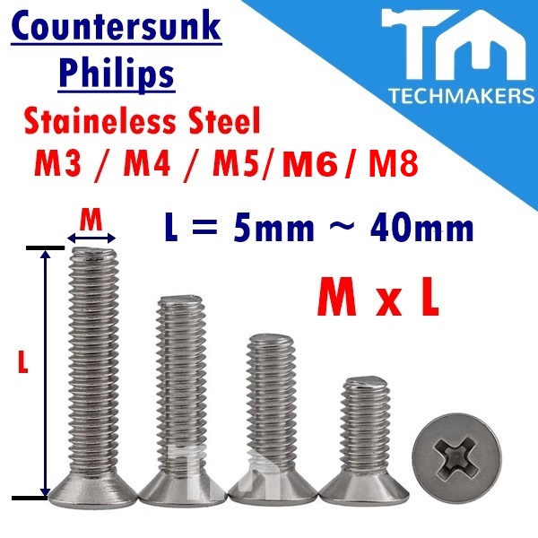 M3 M4 M5 M6 M8 304 Stainless Steel Screws Phillips Countersunk / Flat ...