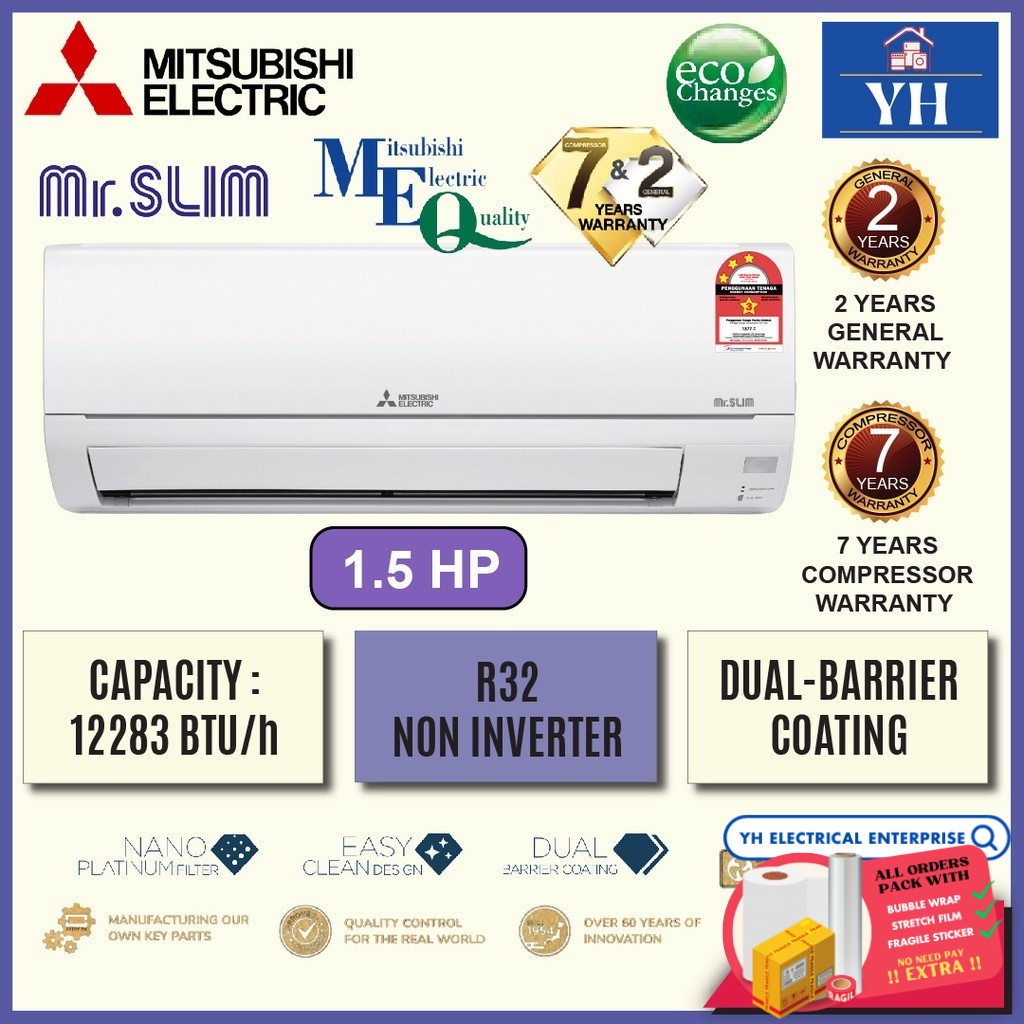 Mitsubishi JR Series 1.5 HP Non-Inverter R32 Air Conditioner Air Cond ...