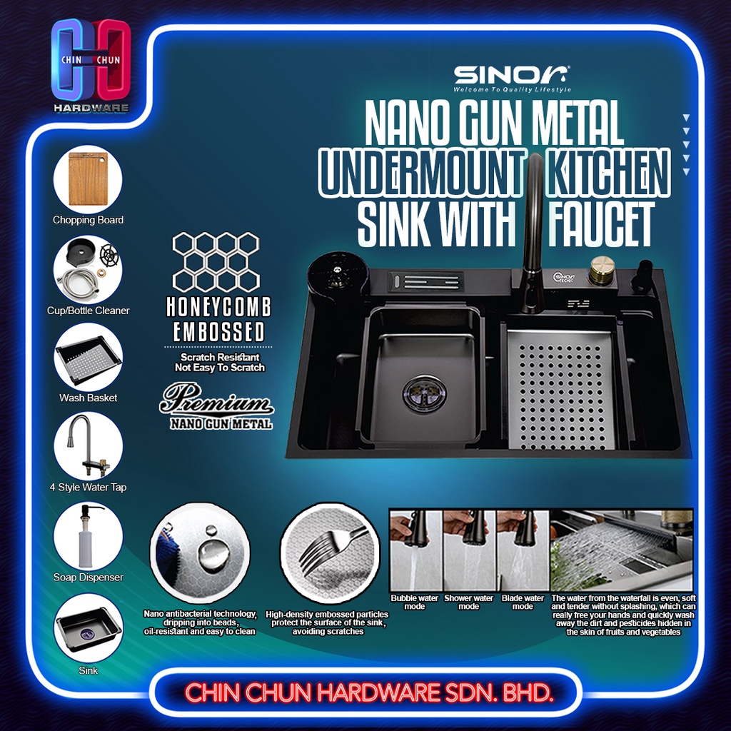 SINOR UMS-7546-GM UNDERMOUNT KITCHEN SINK WITH FAUCET | NANO GUN METAL ...