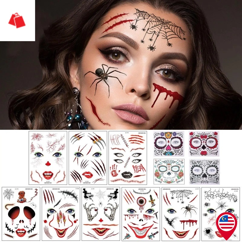 BK-1/5 Sheets Halloween Waterproof Body Facial Horror Spider Web Scars ...
