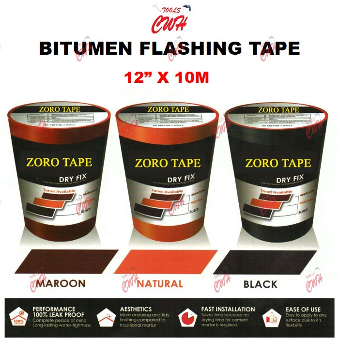 BLACK / MAROON / ORANGE / NATURAL 12"X10M ZORO BITUMEN FLASHING TAPE ...