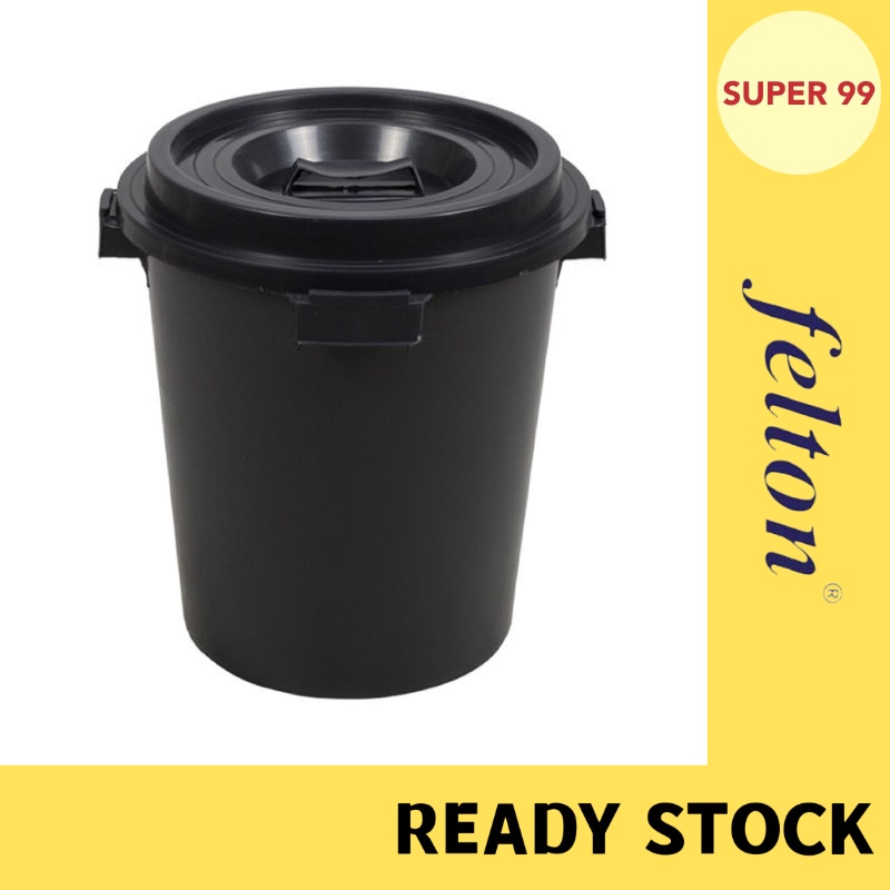 FELTON (12 Gallon) Plastic Garbage Dustbin With Cover / Black Dustbin Pail / Tong Sampah Hitam ...