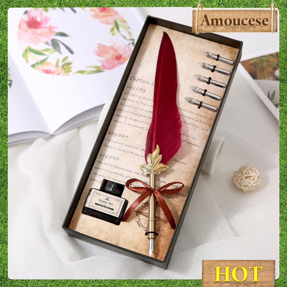 Vintage Calligraphy Feather Dip Pen Writing Set Quill Fountain Pens ...