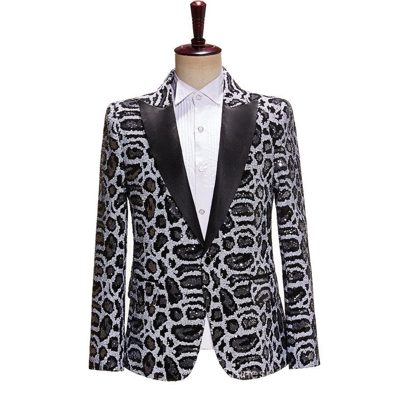 [Premium Suit] Men's Dress Leopard Print Black White Sequins Color-changing Flashing Bar ...