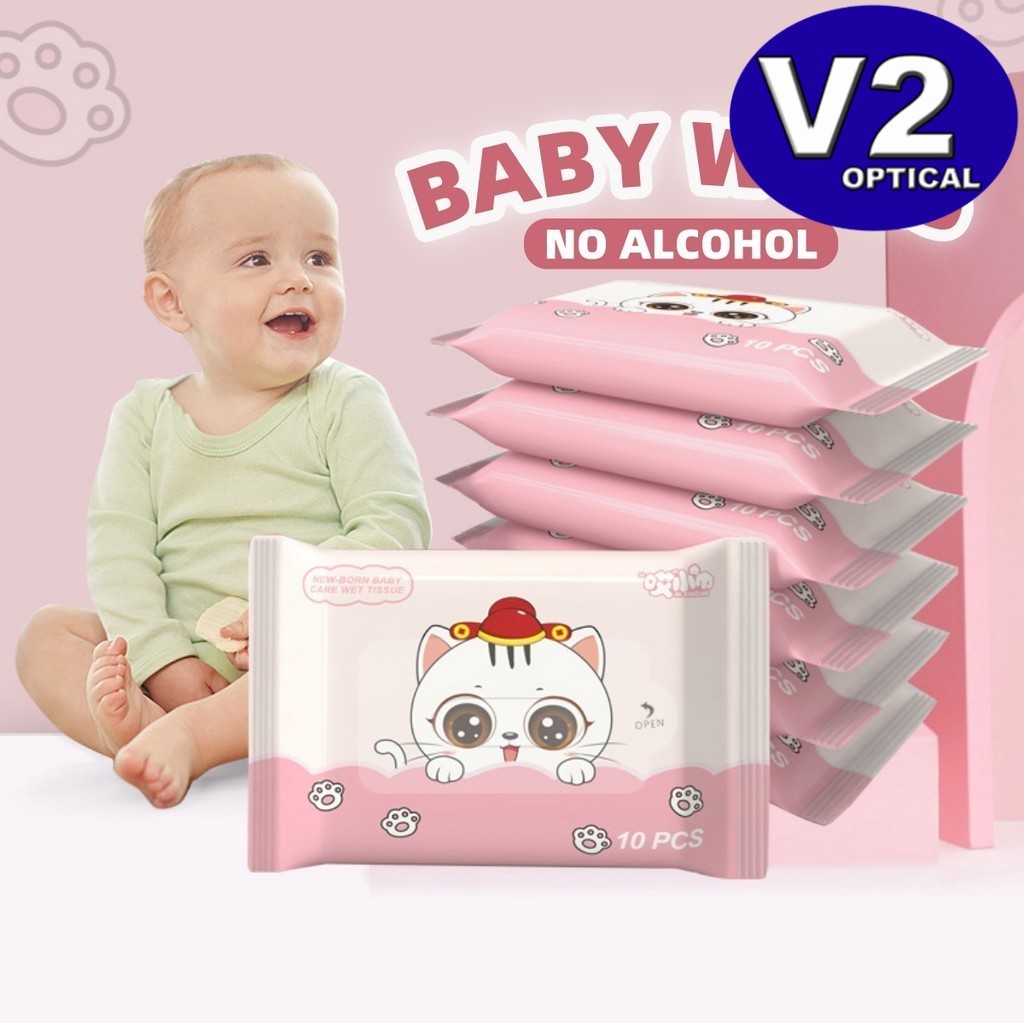 (10pcs/pack) Baby Wipes Tissue Alcohol Free Cute Mini Pack Portable ...