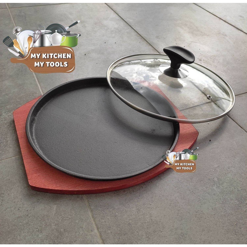 Premium Sizzling Plate Cast Iron Hot Plate Round with RED Wood Plate ...