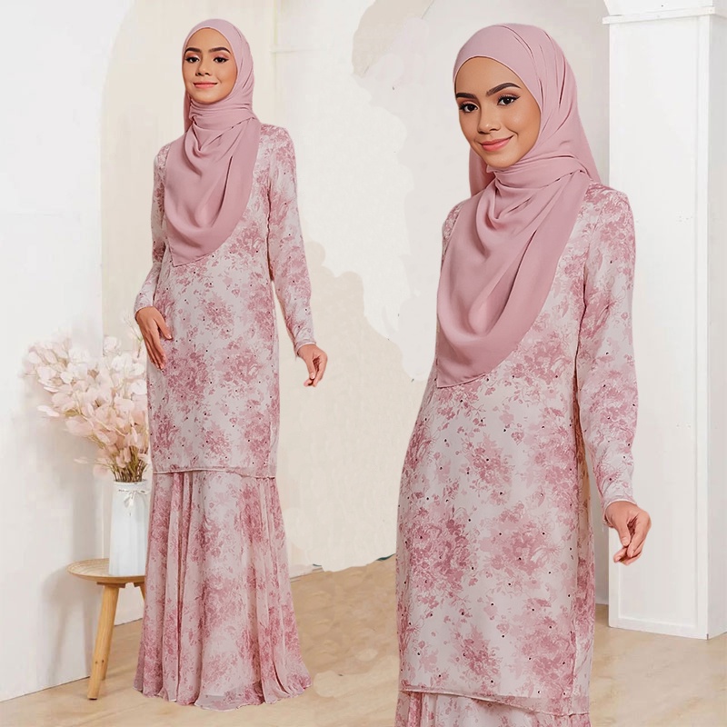 Afa Design Floral Baju Kurung Moden Ironless Payung Kain Chiffon Kurung Pleated Kurung Duyung ...