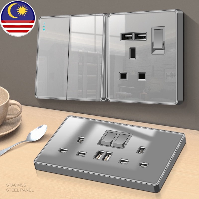 Pz>~Tempered glass-Modern frameless 13A wall mount power supply USB/3/5 ...