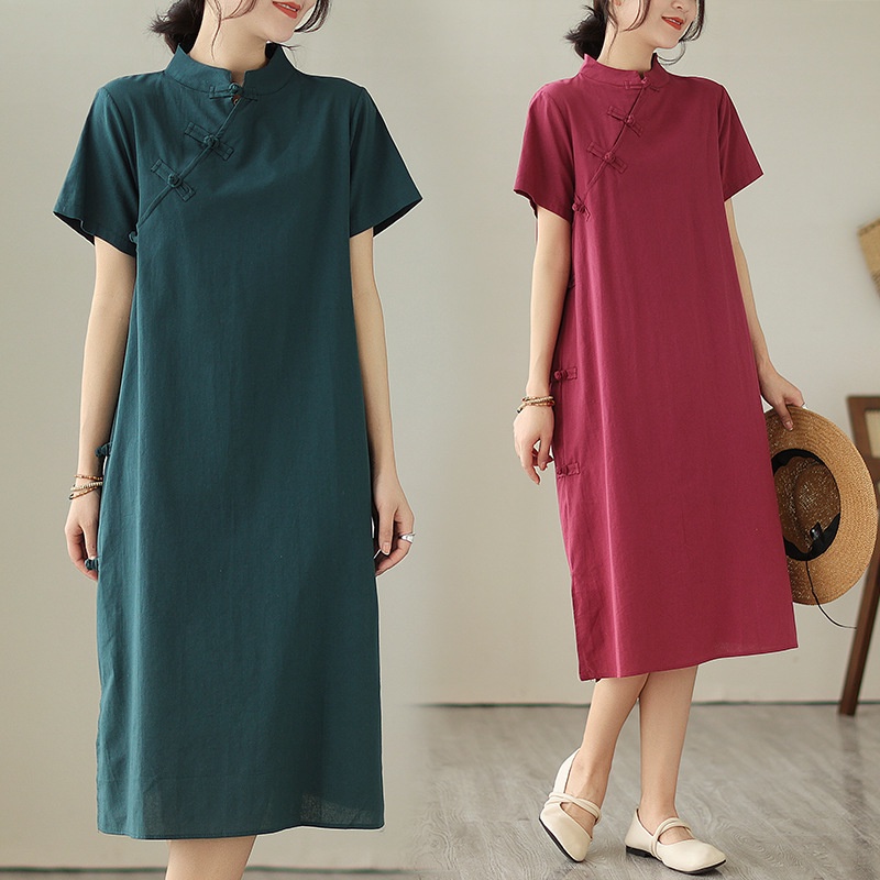 New Year Women Dress Cotton and Linen Dress Cheongsam Short Sleeve ...