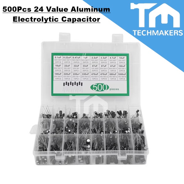 500Pcs 24 Value Aluminum Electrolytic Capacitor Assorted Kit Set with Box 16V~50V 0.1uF to ...