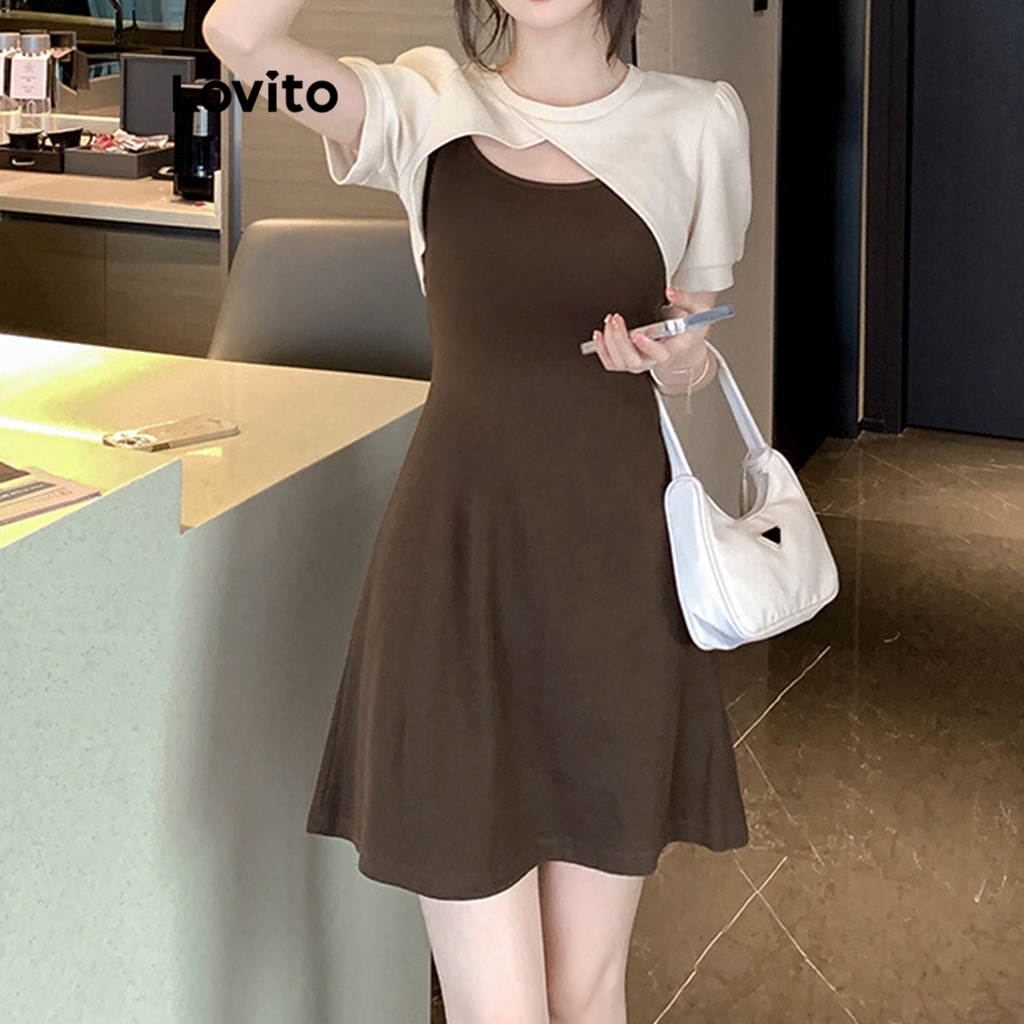 Lovito Casual Plain Colorblock Dress for Women LNA17031 (Coffee) Gaun ...