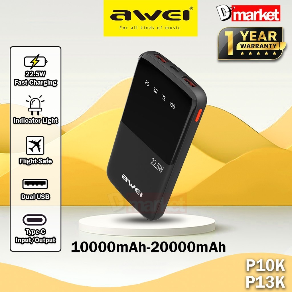 Awei P10K 10000mAh Powerbank 22.5W Fast Charging Power Bank Awei P13K ...