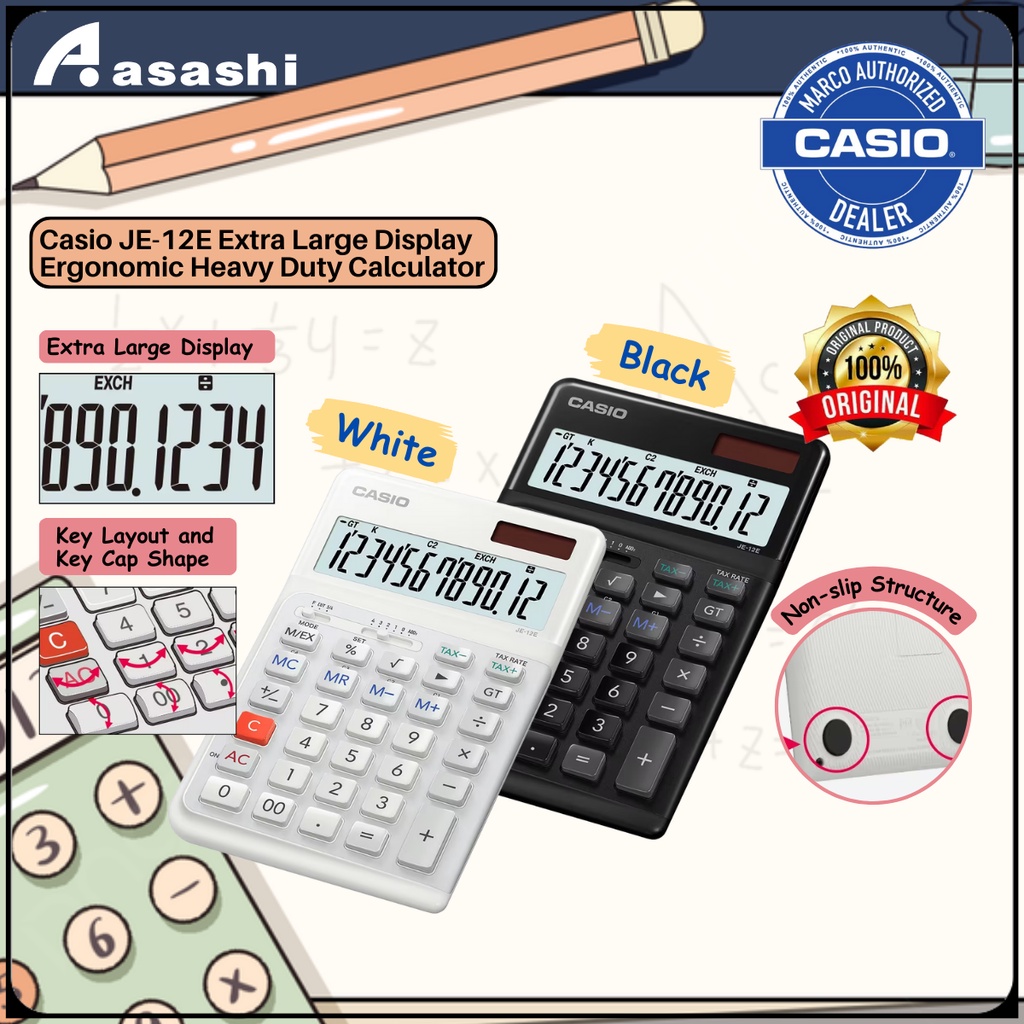Casio JE-12E Extra Large Display Ergonomic Heavy Duty Calculator Black ...