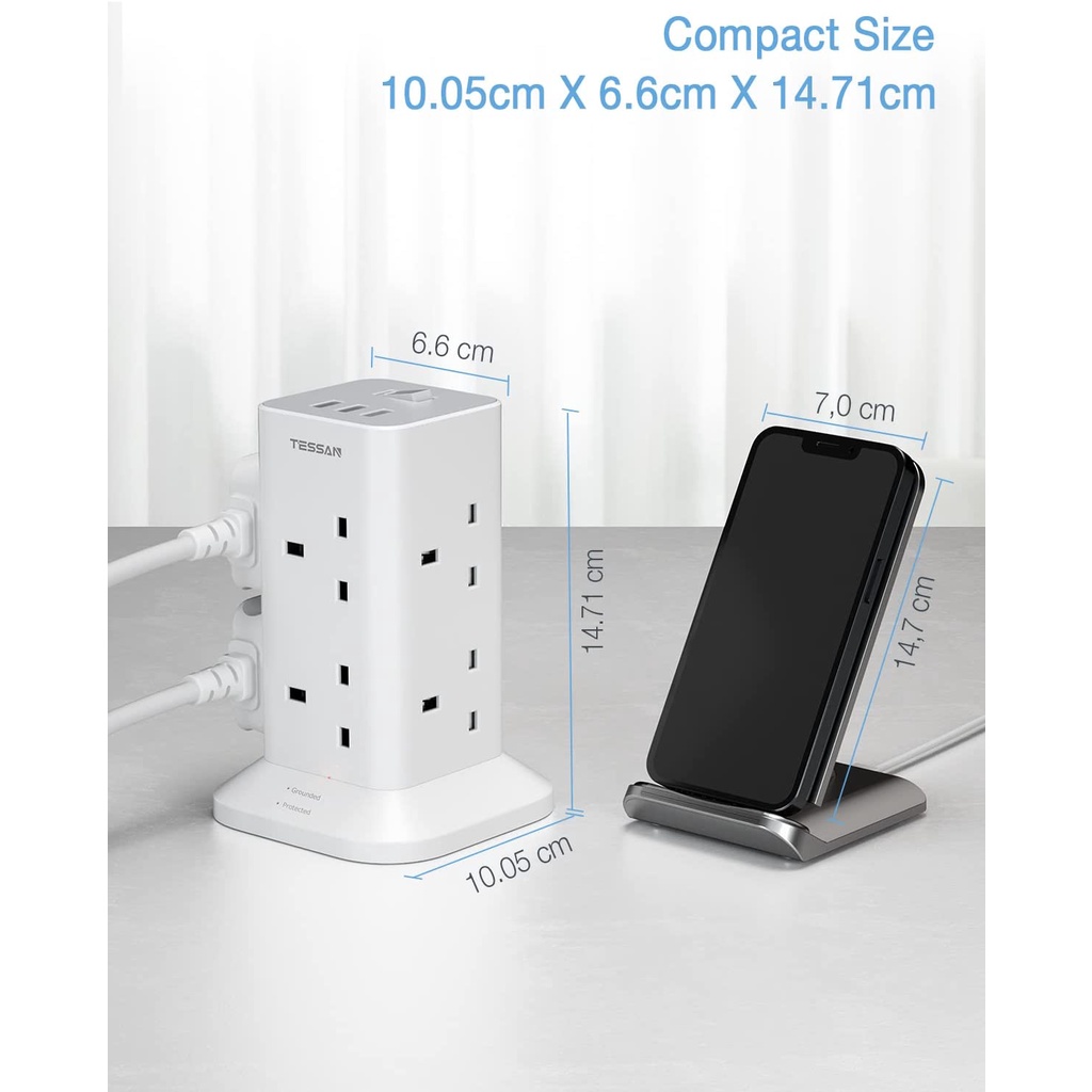 TESSAN 3M Extension Cord with USB C,8 Way Multi Plug Extension Socket ...