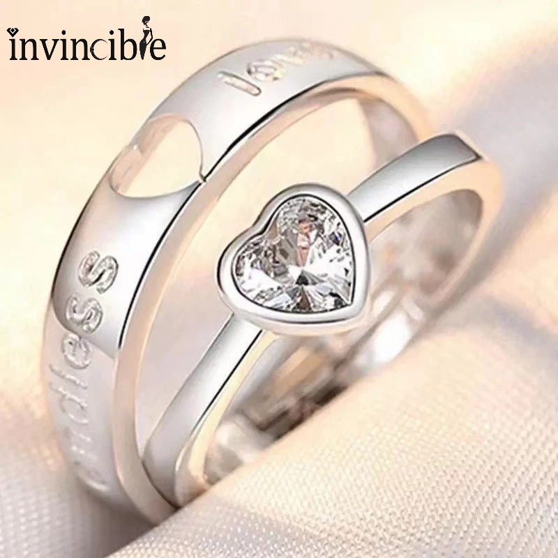 Romantic Hollow Heart Shaped Promise Couple Rings Silver Plated ...