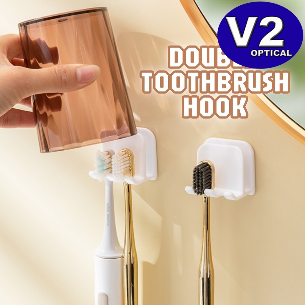 Wall Mounted Double Toothbrush Holder Bathroom Mouthwash Cup Drain Rack ...