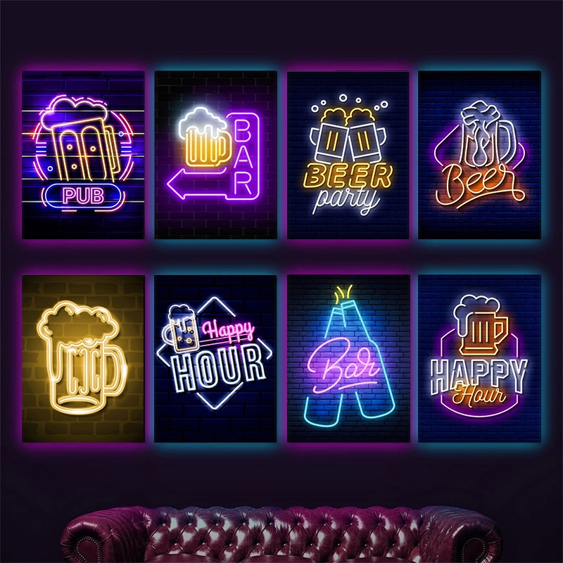 Bar Decoration Wall Art Picture Fluorescent Beer Mug Poster Interior ...