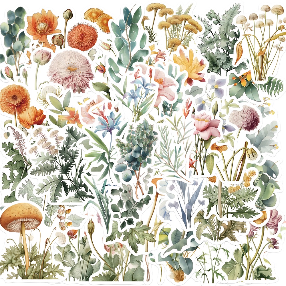 50pcs/set Cute Flowers Stickers Plant Series DIY Waterproof Graffiti ...