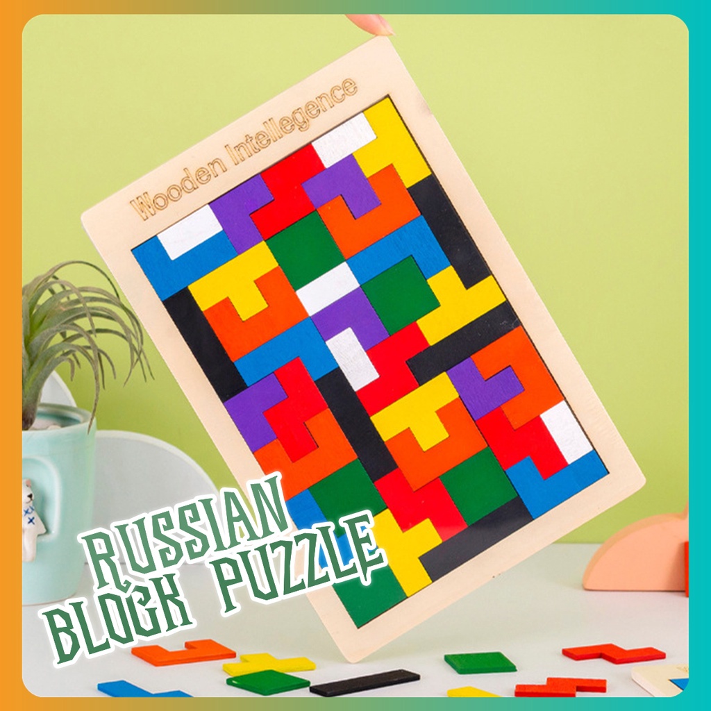 Russian Blocks Wooden Puzzle Color Cognition Kids Boarding Game Tangram Tetris Building Toys ...