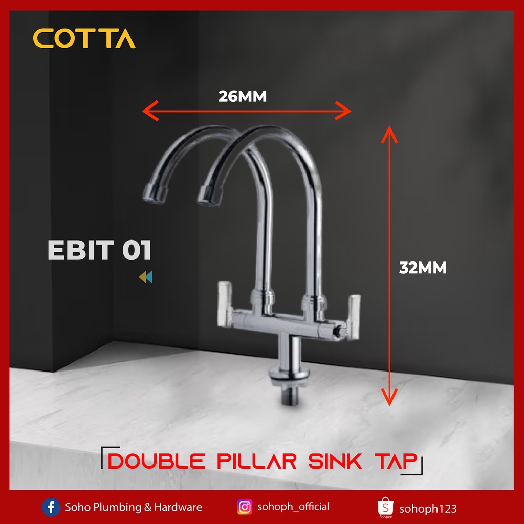 COTTA Double Wall Double Pillar Sink Tap Stainless Steel Pipe Kepala ...