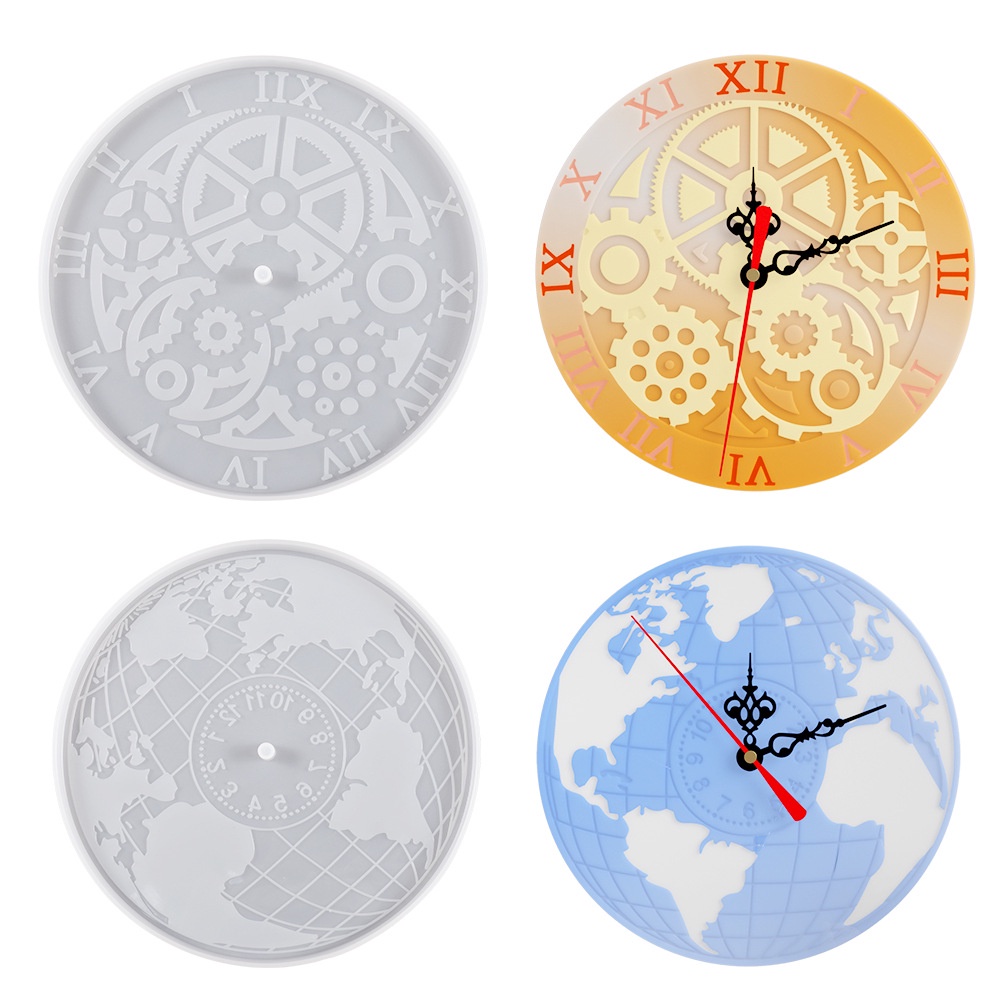 CHK World Map Clock Resin Mold Gear Arabic Roman Wall Clocks Silicone ...
