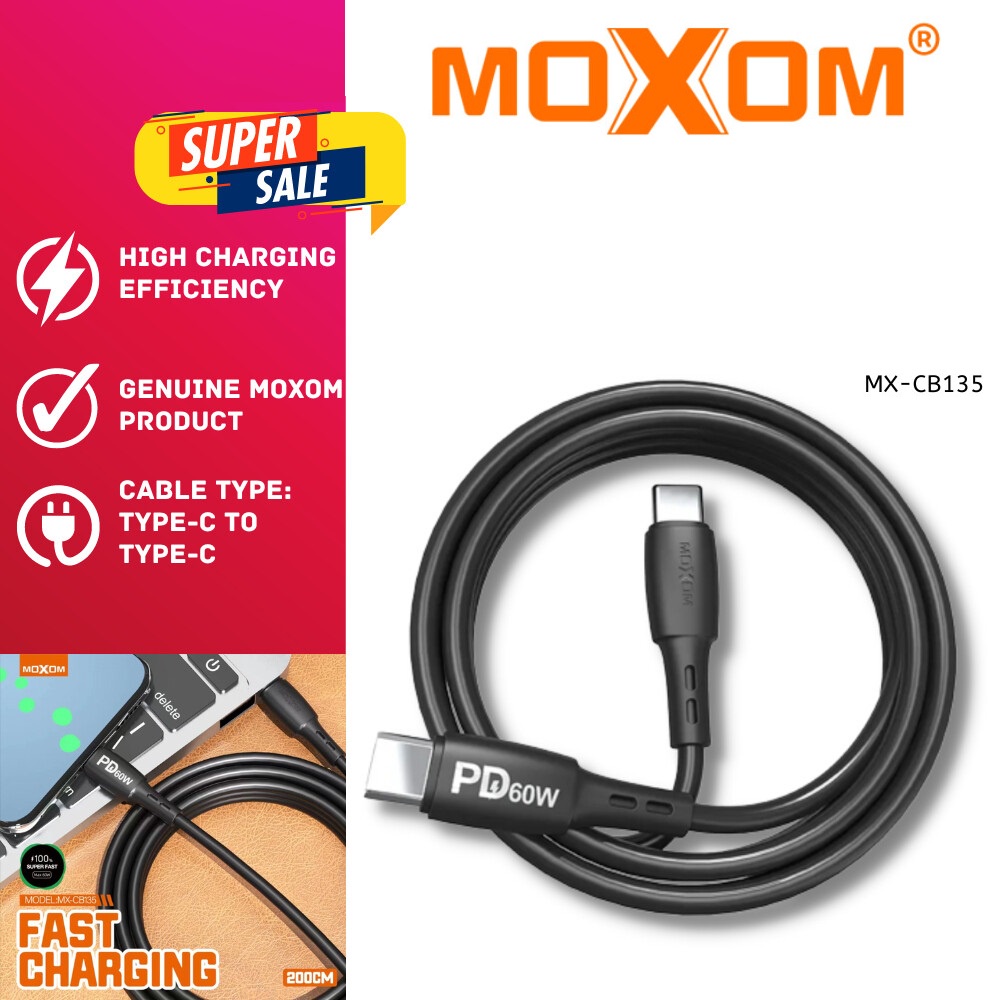 MOXOM MX-CB-135 200CM 60W PD TYPE-C TO TYPE-C CABLE | Shopee Malaysia