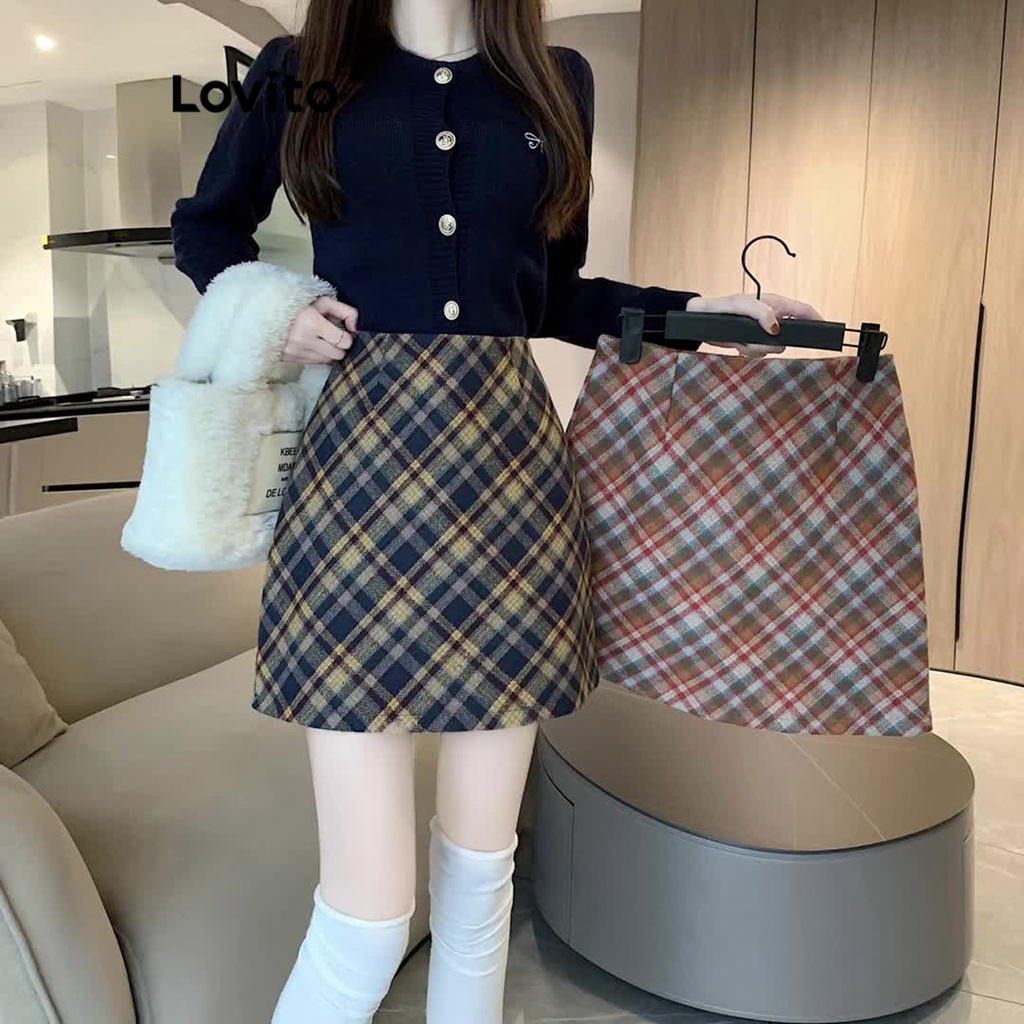 Lovito Preppy Gingham Colorblock Skirt for Women LNA37077 (Burnt Orange ...