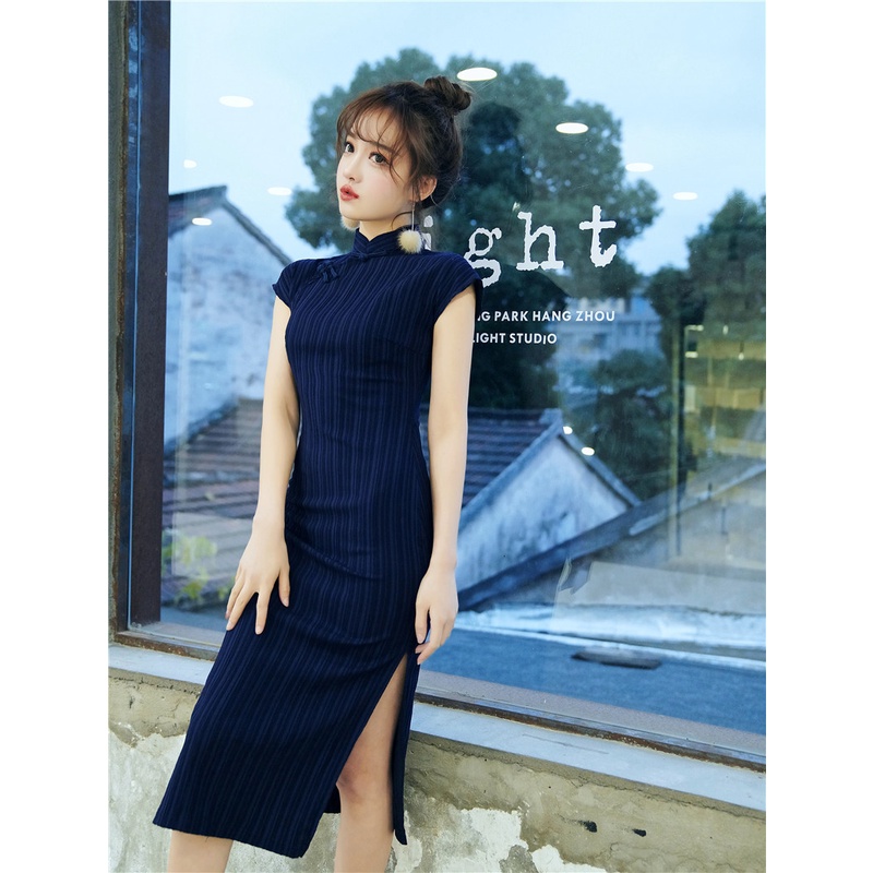Navy Blue Cotton Cheongsam Women Traditional Vintage High-fashion Dress ...