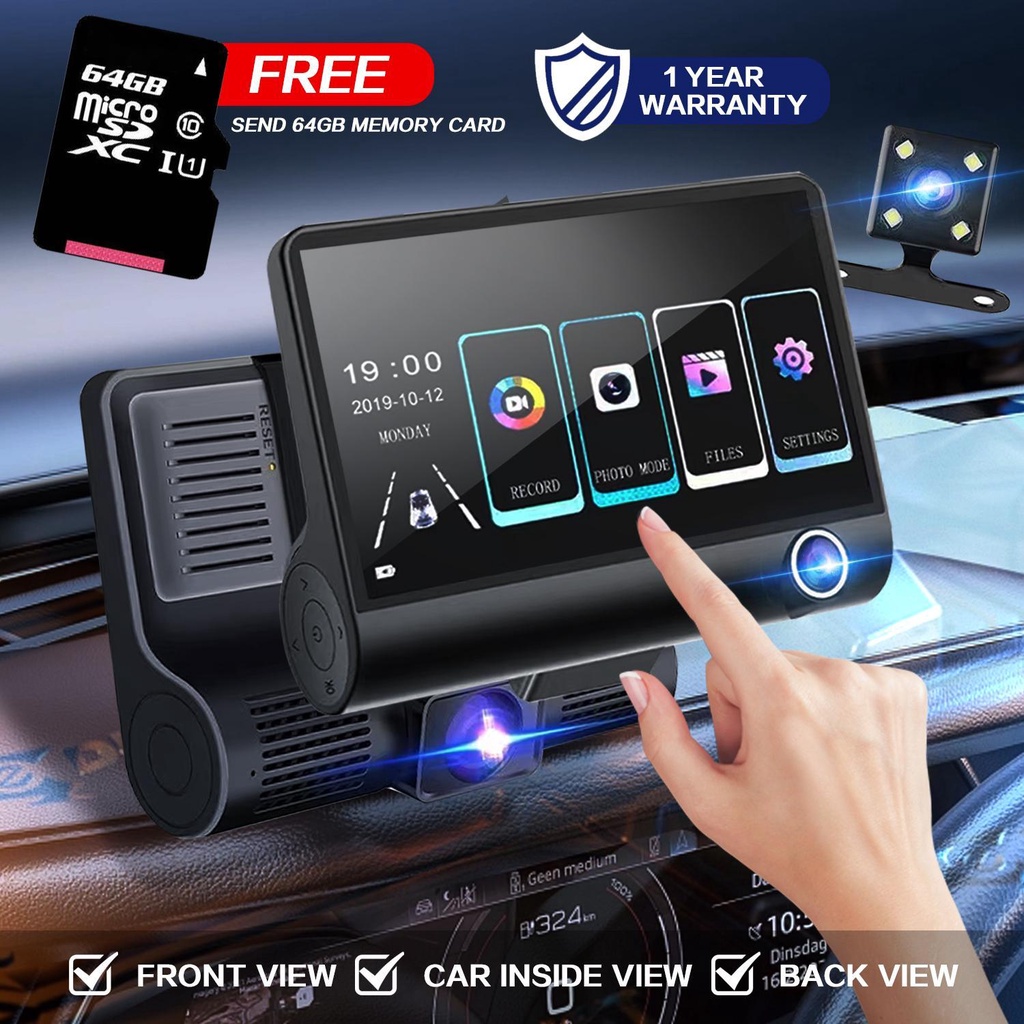 GOQ D90 3-Way Record Car Camera Dashcam Front + Back + Interior Recorder Video Cam Night Vision ...