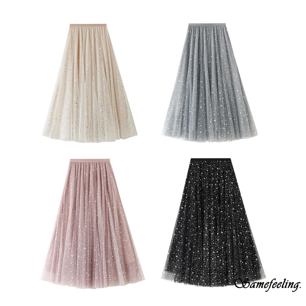 SF-Women Starry Sky Mesh Tutu Skirt Sequin Glitter Layered Tulle Maxi ...