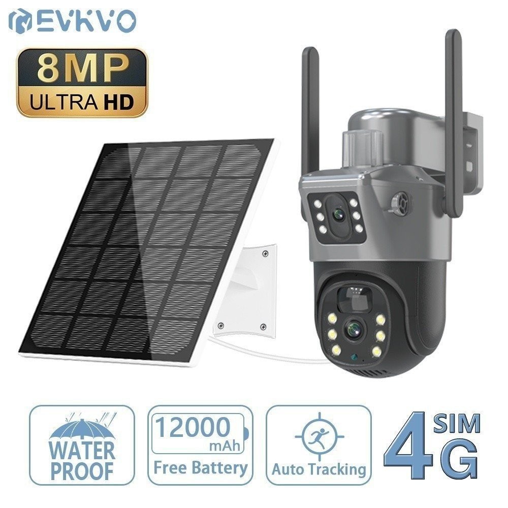 【good stock】EVKVO 8MP Dual Lens 4G SIM Card Solar Battery Wifi Camera ...