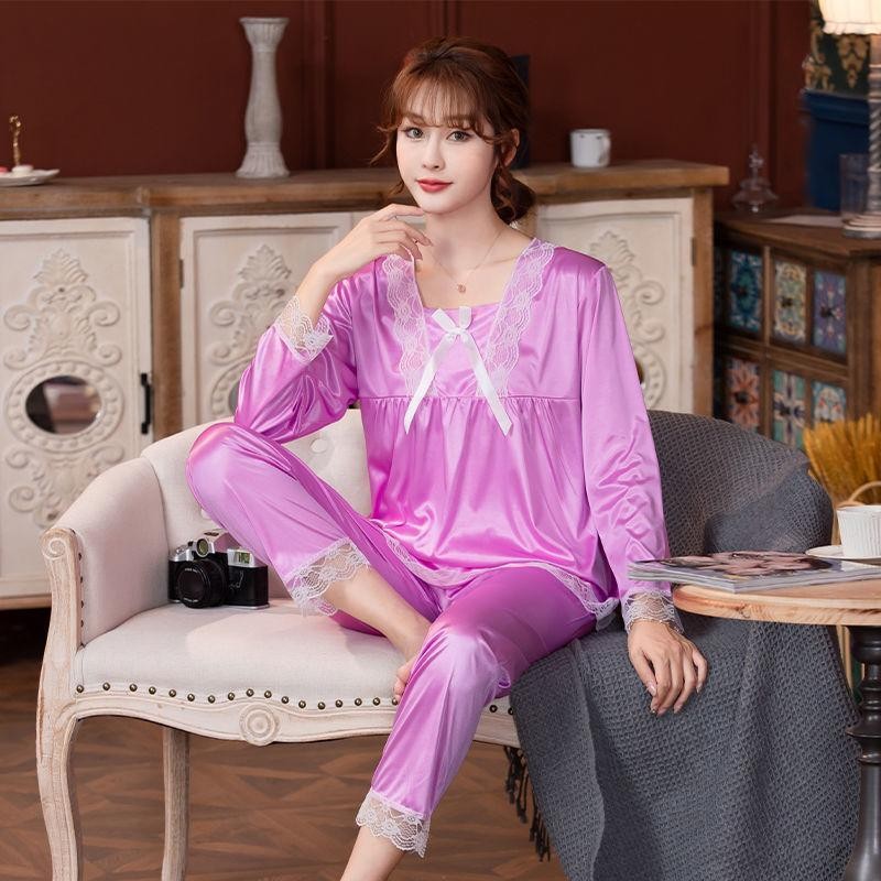Piyama wanita lengan panjang renda gaya puteri korea sutera ais pakaian ...