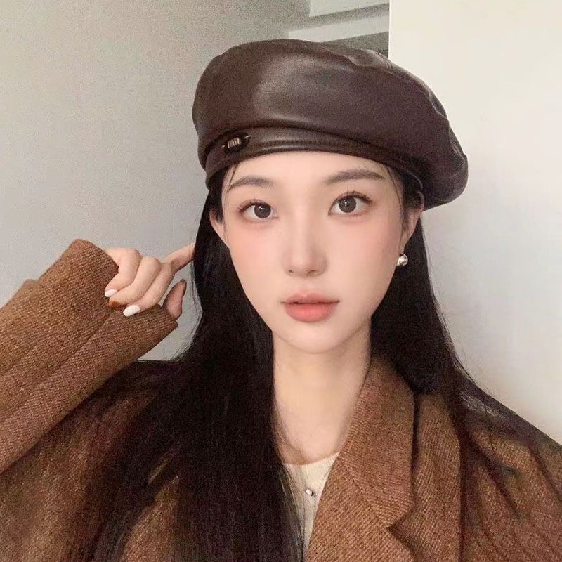 Japanese pu Leather Beret Hat Female Autumn Winter British Retro Simple ...