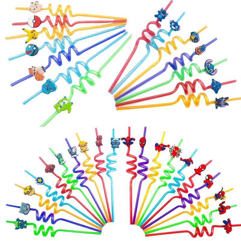 20/10/5Pcs Cartoon Reusable Straws Pokémon Stitch Spider-Man Paw Patrol ...