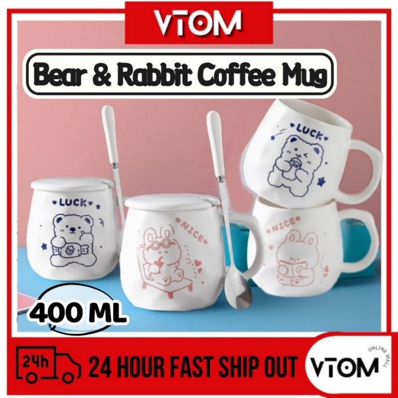 VTOM Bear & Rabbit Cartoon Mug Coffee Glass Cup Ceramic Cute Mug With ...