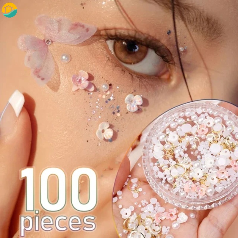 100Pcs/Box Super Fairy Nail Art Rhinestone Pearls Butterfly Diamond Glitter Sequin Eyes Face ...