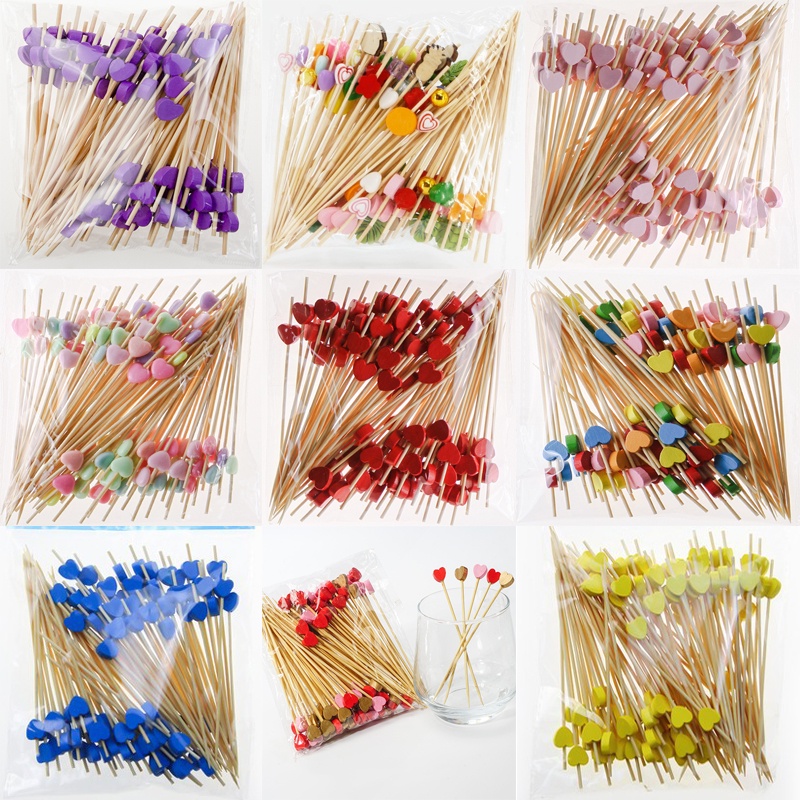 100PCS 12cm Heart Beads Bamboo Fruit Sticks Buffet Cupcake Fruit Fork ...