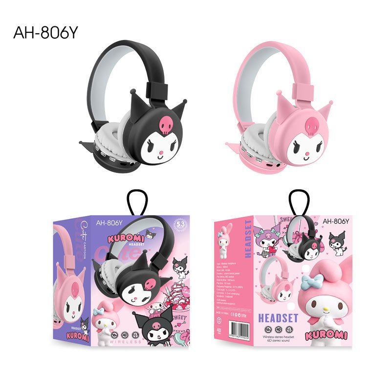 Sanrio AH-806Y Kuromi Kids Over-ear Bluetooth Headphones Cute Pink Adjustable Wireless ...