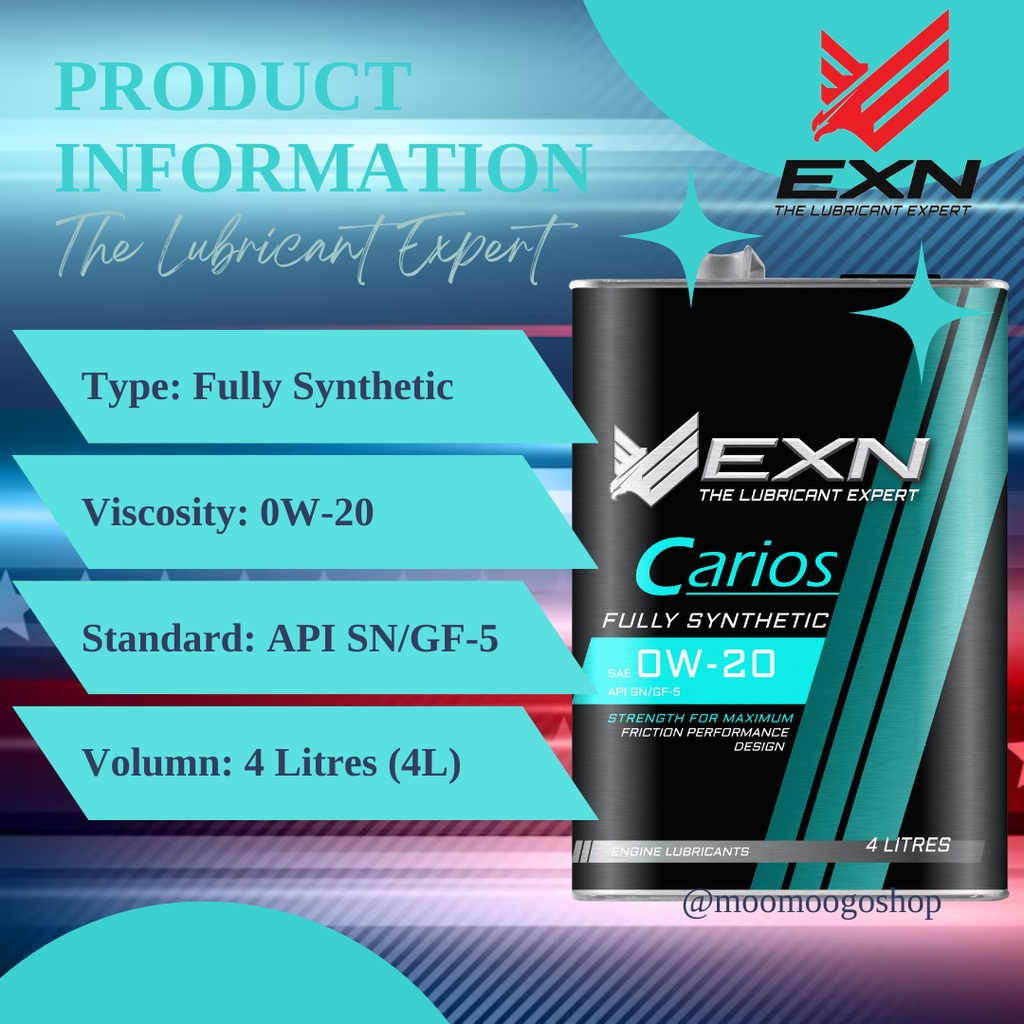 EXN CARIOS SAE 0W-20 0W20 FULLY SYNTHETIC ENGINE OIL 4 LITRES 3.5 ...
