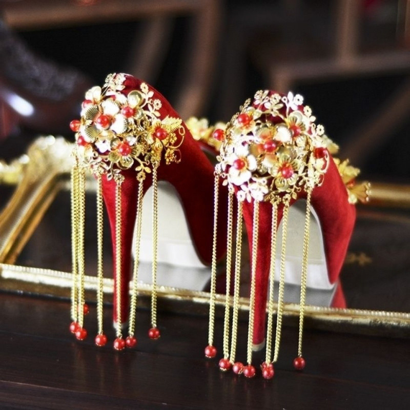 Stylish Red Crystal Heels Handmade Chinese Wedding Shoes Plus Size ...