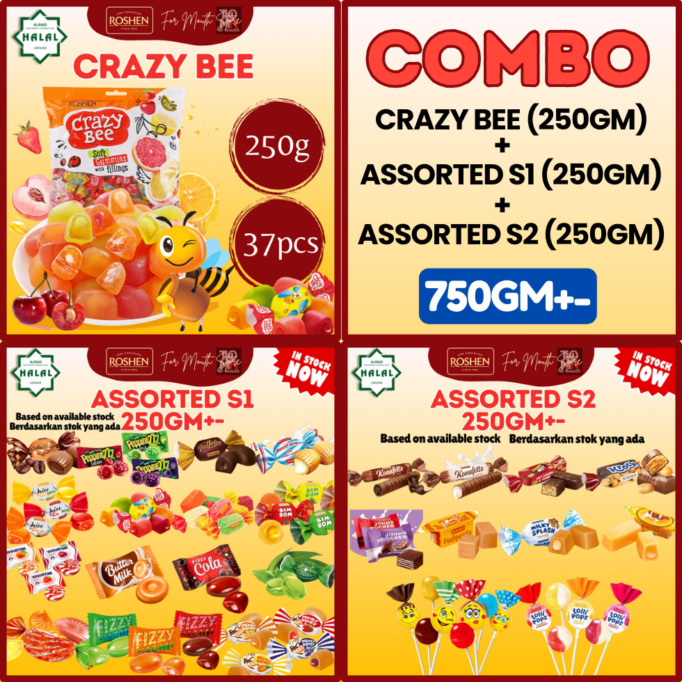 750gm Combo Gula Gula Borong ROSHEN Crazy Bee Jelly Candy Gula Gula Viral Gummy Halal Gummy ...