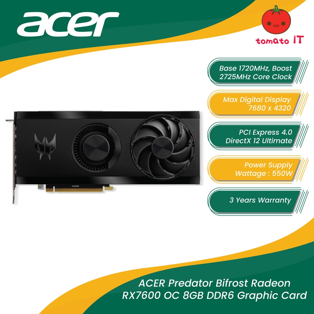 ACER Predator Bifrost AMD Radeon RX 7600 OC 8GB DDR6 128 Bit Graphic ...