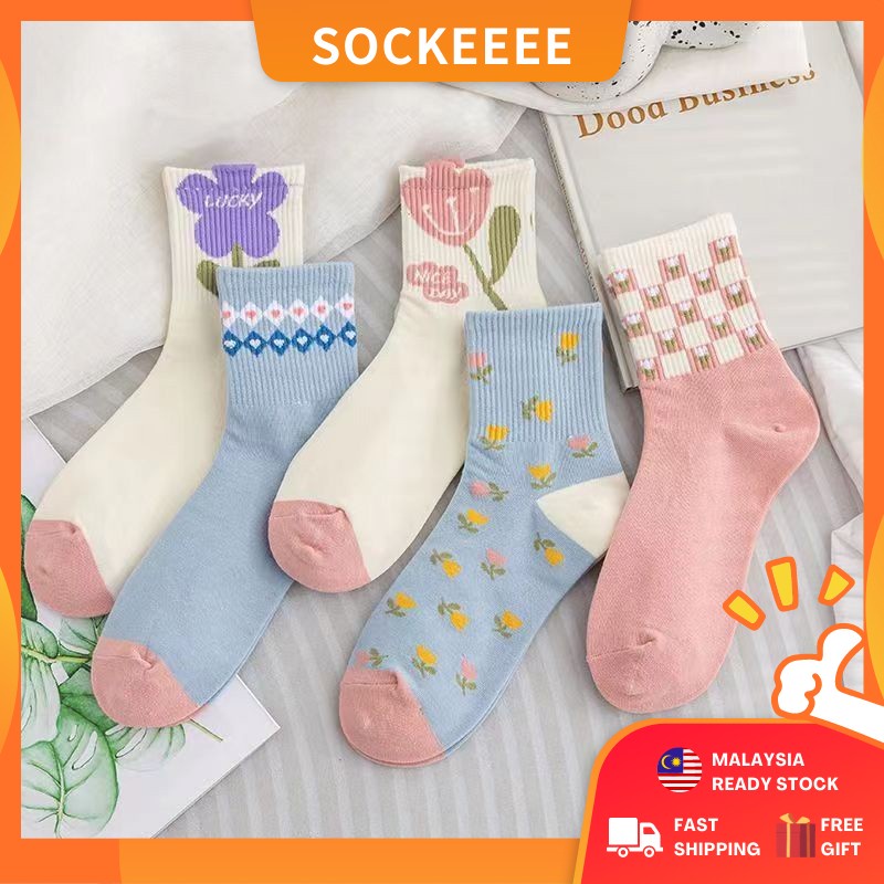 [Ready Stock] Sockeeee 1 Pair Pink Blue Flower Sock Crew Socks Women ...