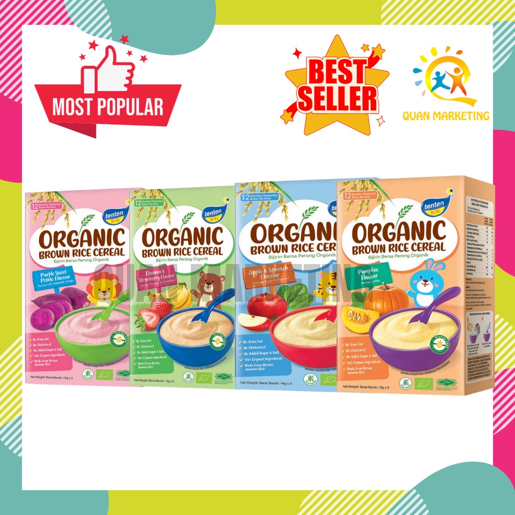 TenTen Organic Brown Rice Cereal 80G - Apple/Banana/Pumpkin/Sweet Potato - For 12 months and ...