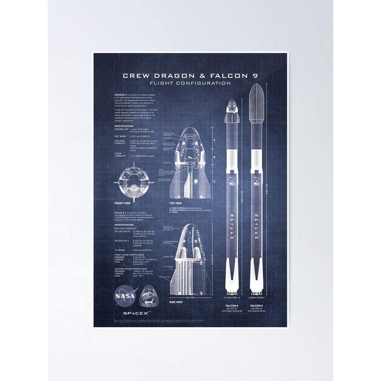 NASA Spacex Crew Dragon Spacecraft Falcon 9 Rocket Blueprint in High ...