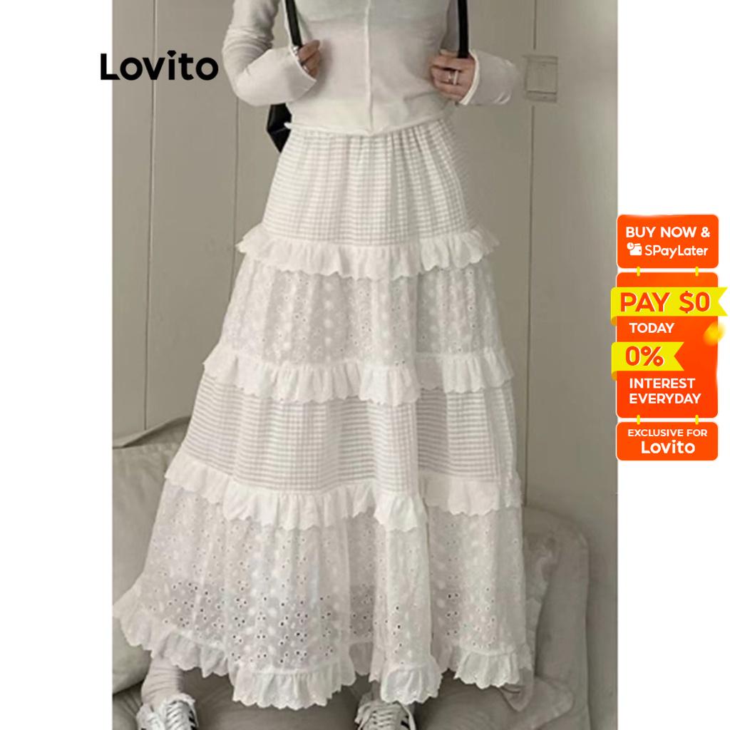 Lovito Casual Plain Ruffle Hem A-Line Midi Skirts for Women LNA10128 ...
