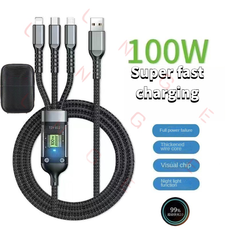 100W transparent LED 3 IN 1 data cable 6A super fast charging suitable ...
