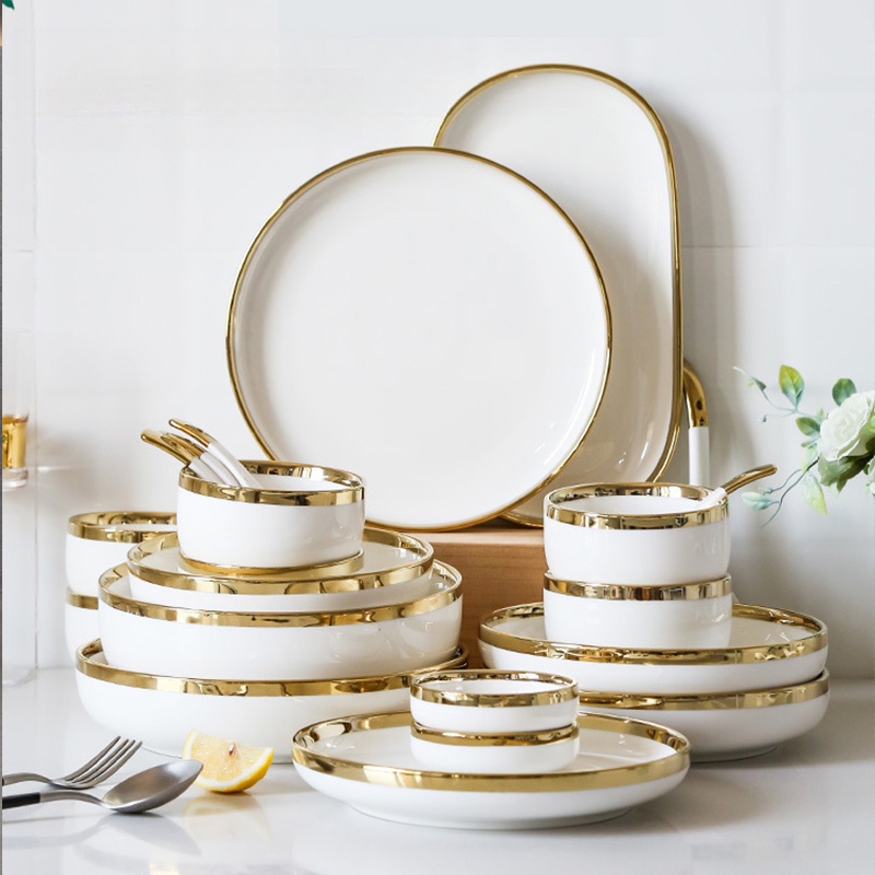 Nordic Pure White Ceramic Tableware Set Ceramic Dining Plates Set Gold ...